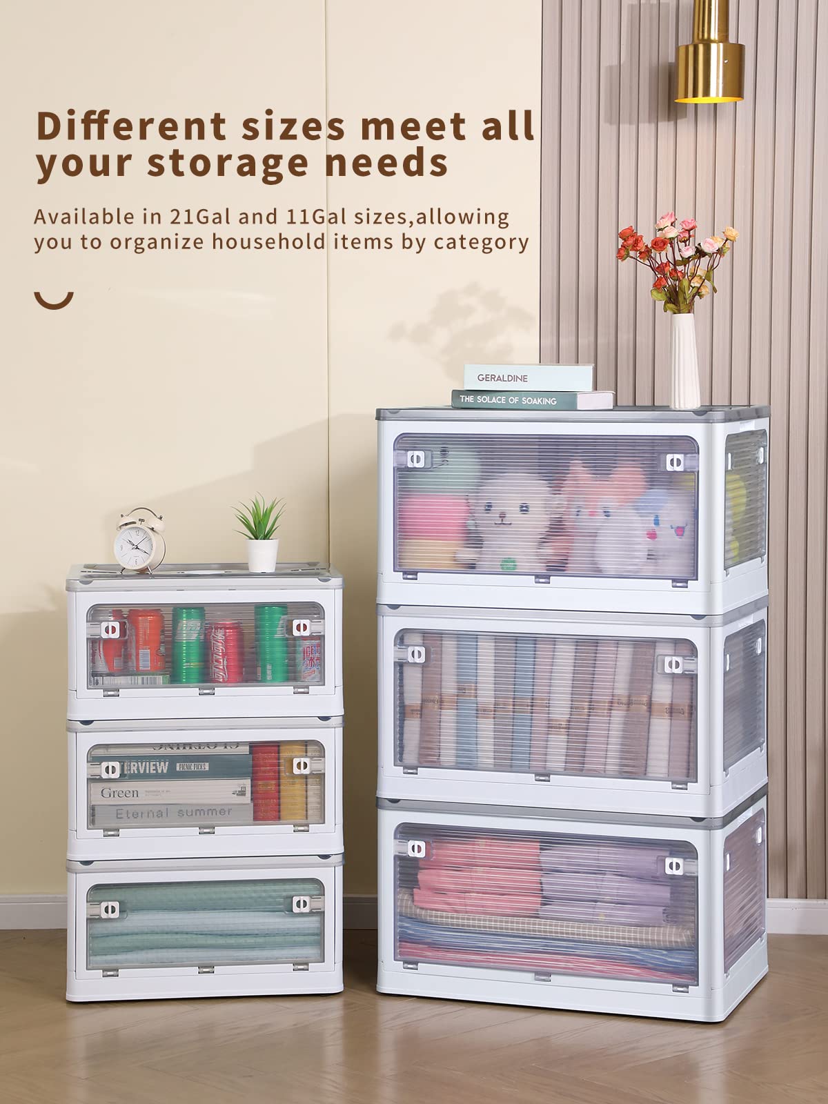 JOYBOS Storage Bins with Lid, 11Gal Collapsible Plastic Storage Bins, Stackable Closet Organizers and Storage, Five Door Large Folding Storage Boxes Containers with Wheels for Home(11 Gal - 3 Pack)