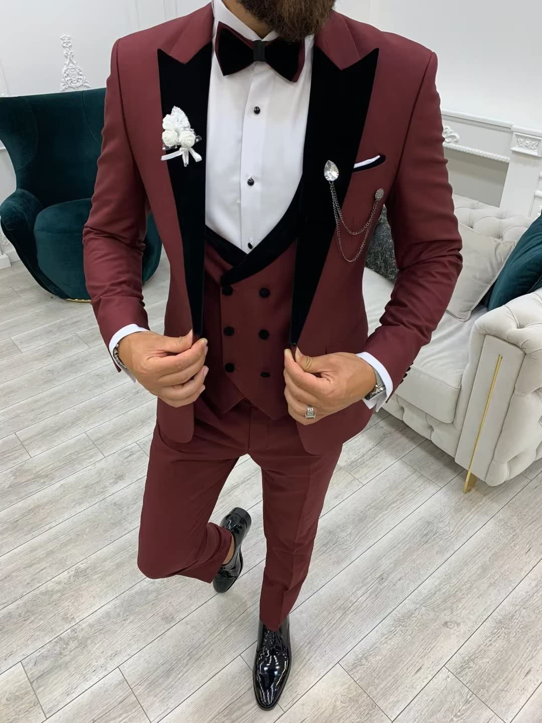 HUUTOE HANBANGWEI Double Breasted Suit Men Slim Fit Tuxedo for Men Plus Size Tuxedo Suit for Men Formal Beige and Black Suits for Men L Size
