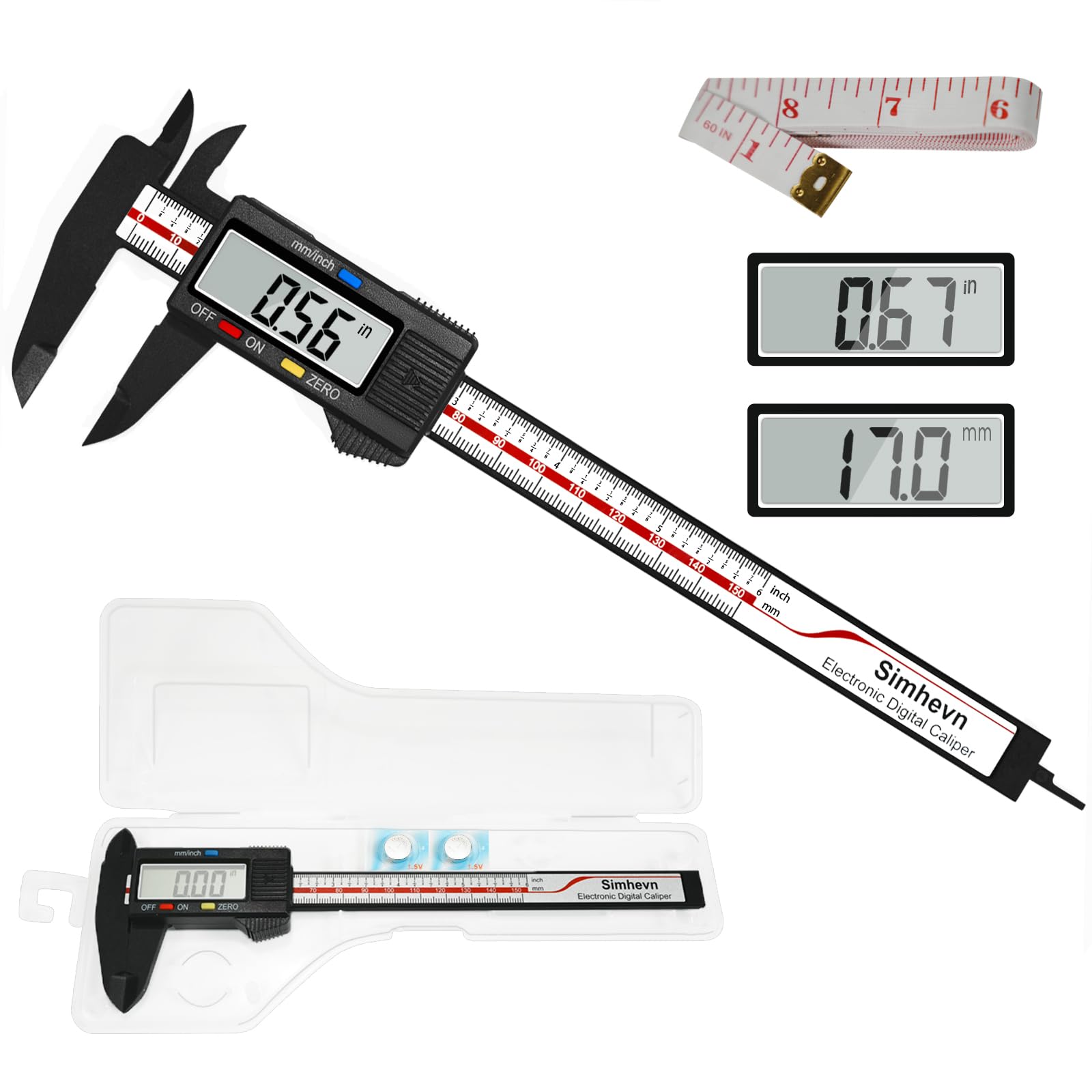 Simhevn electronic digital calipers, inch and millimeter conversion,LCD screen displays 0-6"caliper measuring tool, automatic shutdown, suitable for DIY/jewelry measurement (6''Black Stainless steel)