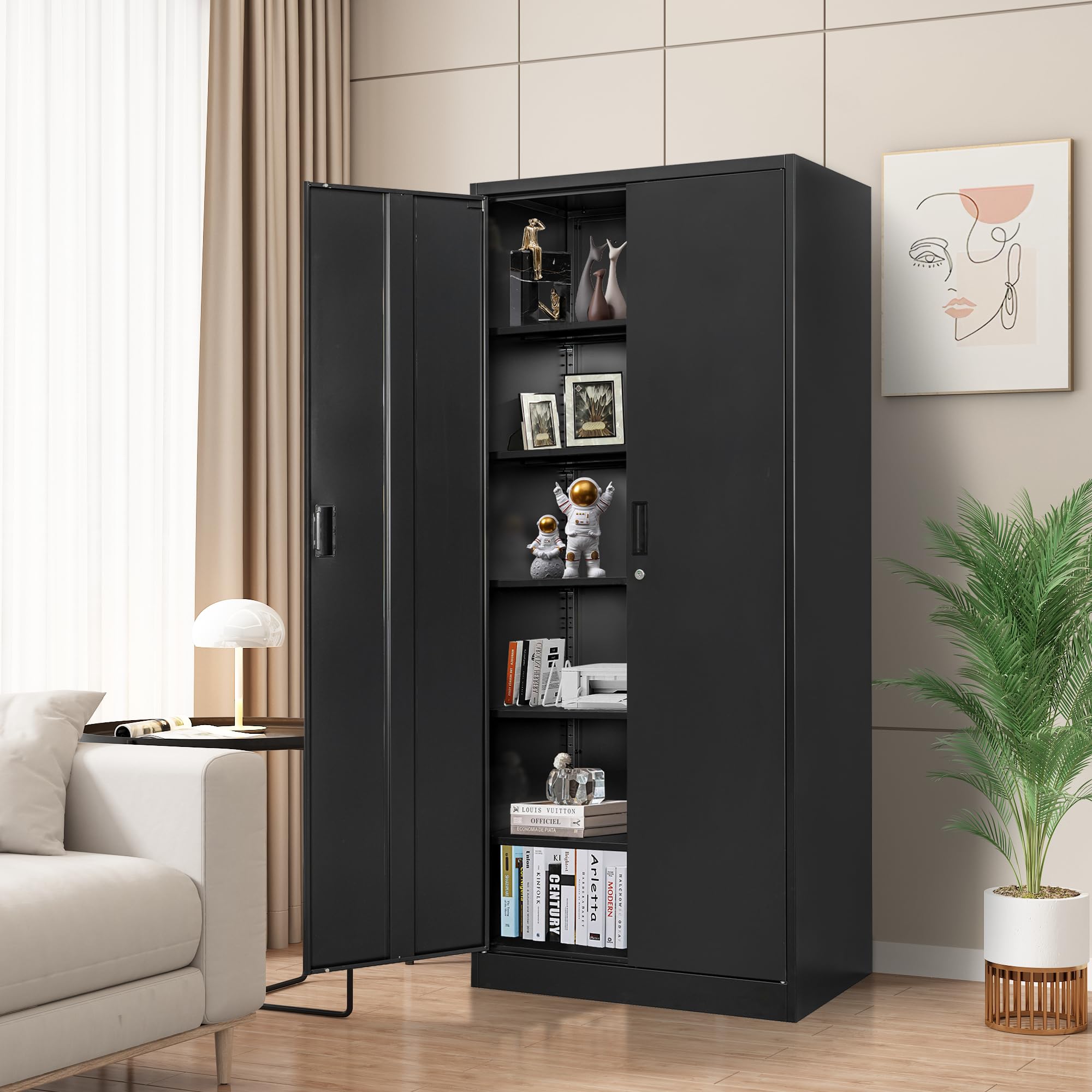 YEEZER Metal Storage Cabinet 71β with 2 Doors and 5 Adjustable Shelves, Garage Steel Locking Cabinet, Tall Cabinets Lockable File Cabinet for Home, Office, Garage, Gym, School. (Black)