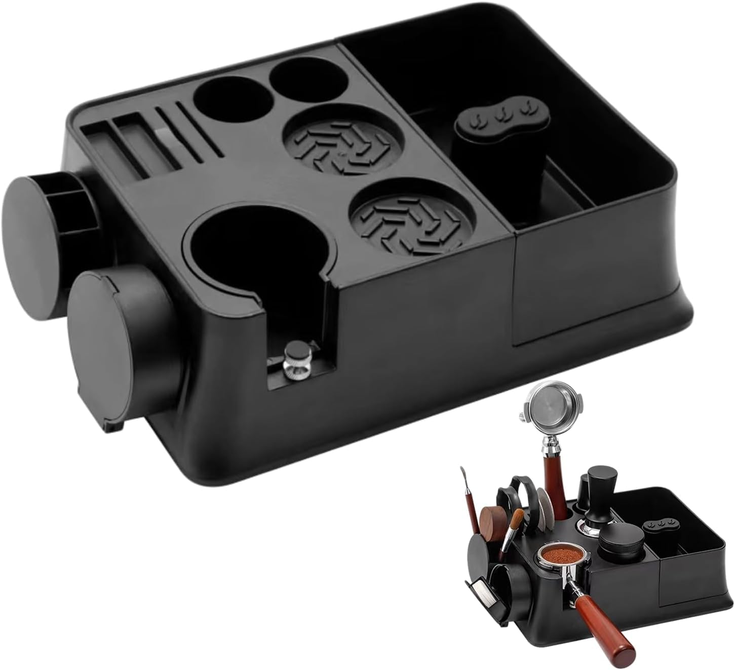 SLADPOEM Espresso Coffee Organizer Box 8 In 1, Espresso Knock Box Fit for Storage 51, 54, 58MM Espresso Tamper Plastic Station Base, Distributor, Portafilter & Puck Screen Accessories (Black)