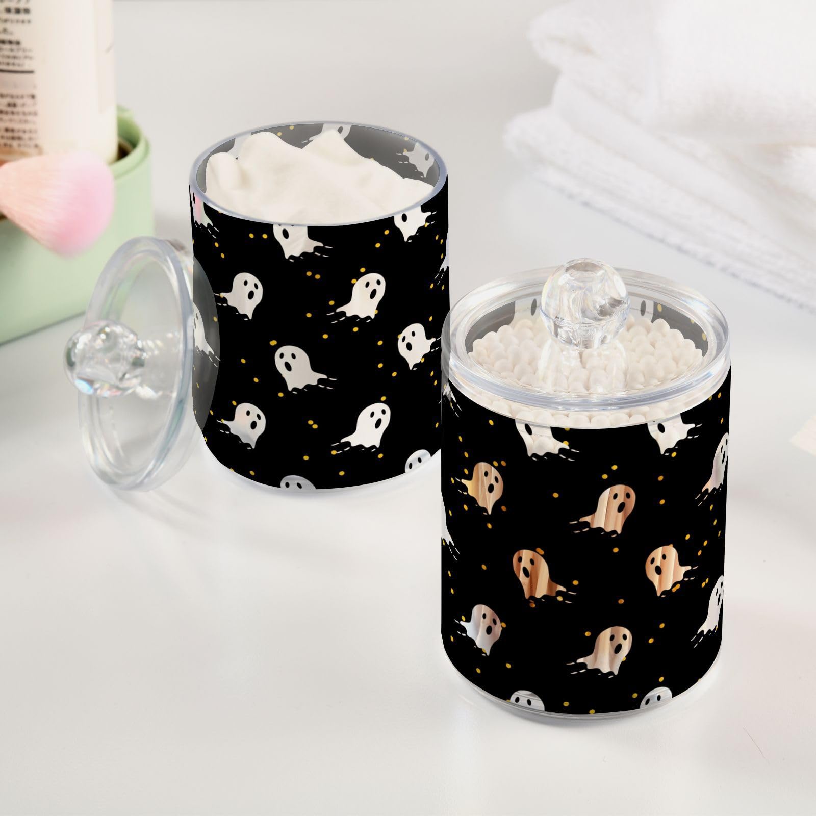 YETTASBIN Halloween Ghost Clear Plastic Apothecary Jars 2 Pack, 14 oz Qtip Holder Dispenser with Lid, Clear Bathroom Storage Canister for Cotton Ball, Cotton Swab
