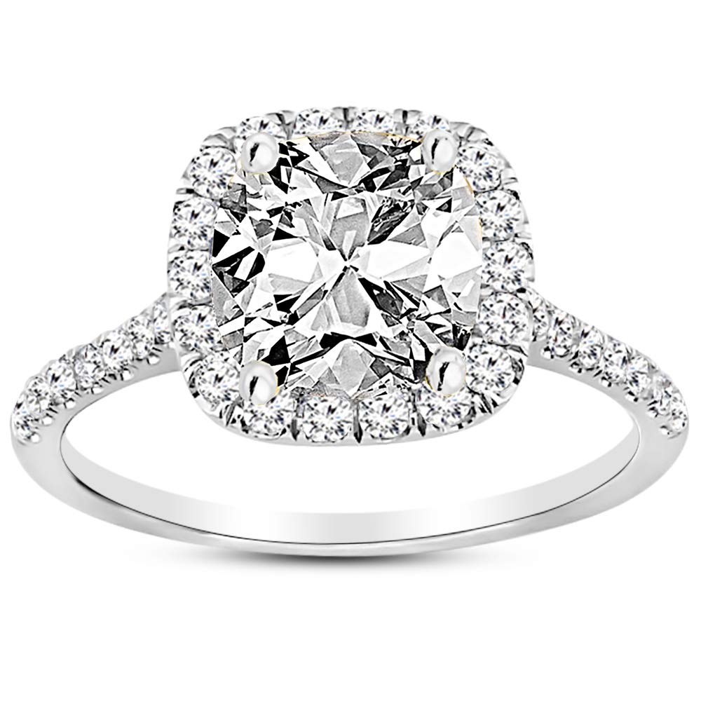 Houston Diamond District - 14K White Gold 3 Carat LAB GROWN DIAMOND Halo Cushion Cut Diamond Engagement Ring (G-H Color VS1-VS2 Clarity 2.5 Ct Center), Size: 6