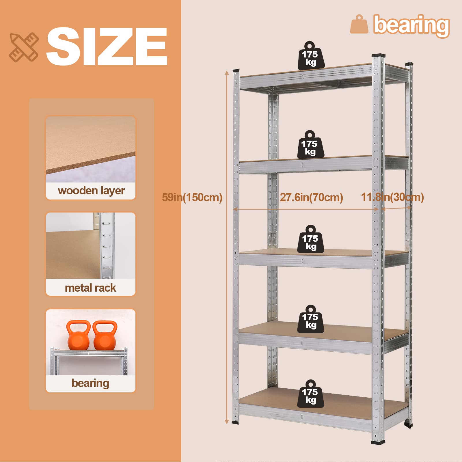 Heavy Duty 5-Tier Adjustable Metal Shelving Unit Utility Rack Shelves,Reversible Metal Storage Shelving with Foot Pads for Warehouse, Basement, Kitchen- Silver