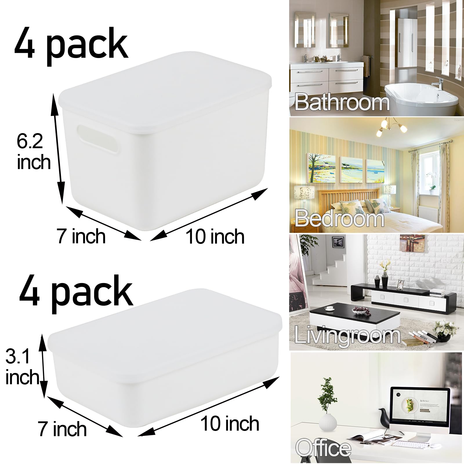 ZEXALOR 8 Pcs Storage Bins with Lids, Stackable Plastic Storage Containers for Organizing, Organizer Bins Shelf Baskets for Pantry Cabinet Shelves Desktop Freezer Drawer Organization (White, 4M+4S)
