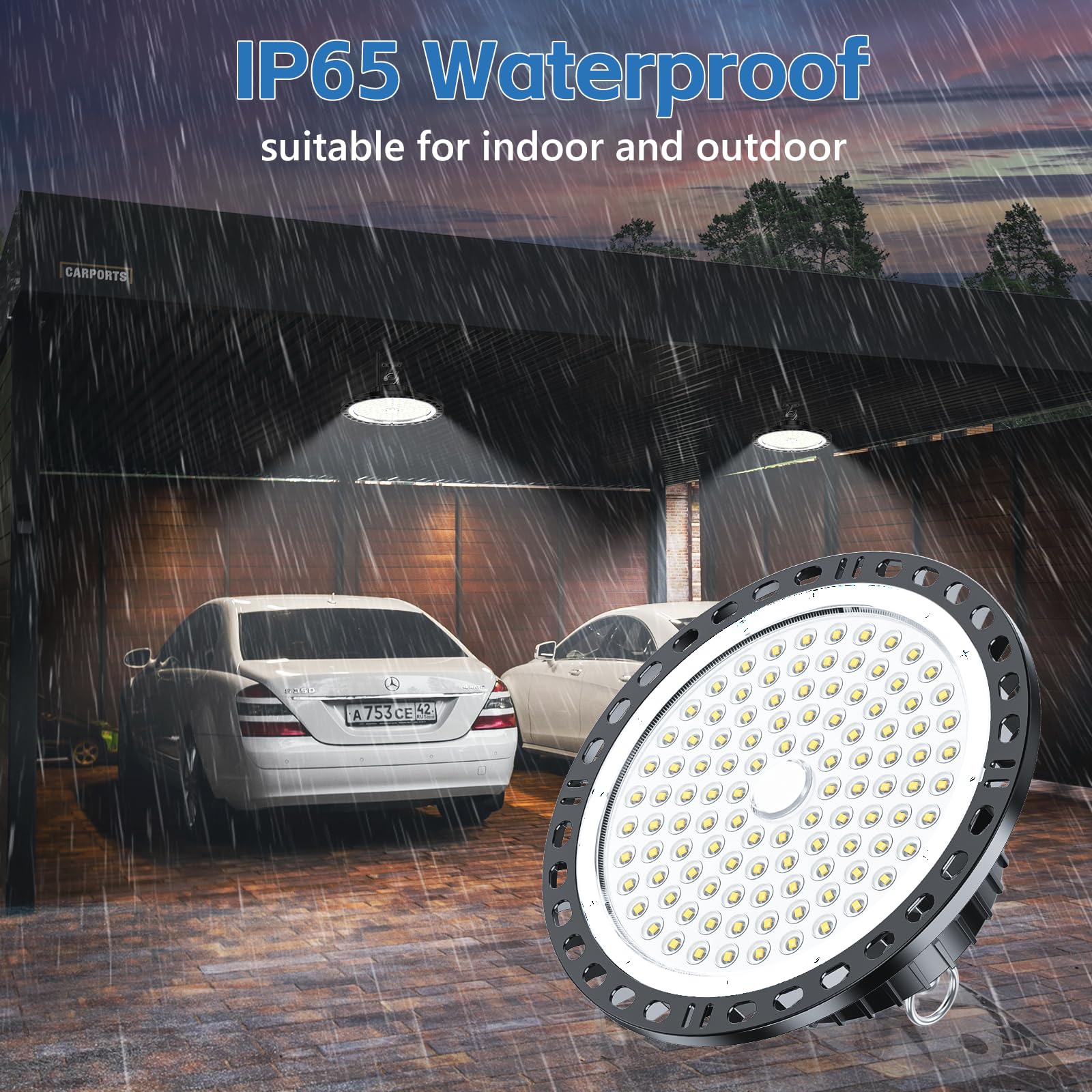 TOPAUBUB 100W High Bay LED Light 10 Pack, 15000LM High Bay LED Shop Lights with 6.56FT Cable US Plug, 11.8in Metal Chain, Driver, UFO LED Light 6500K IP65 Commercial Bay Lighting for Warehouse Shop