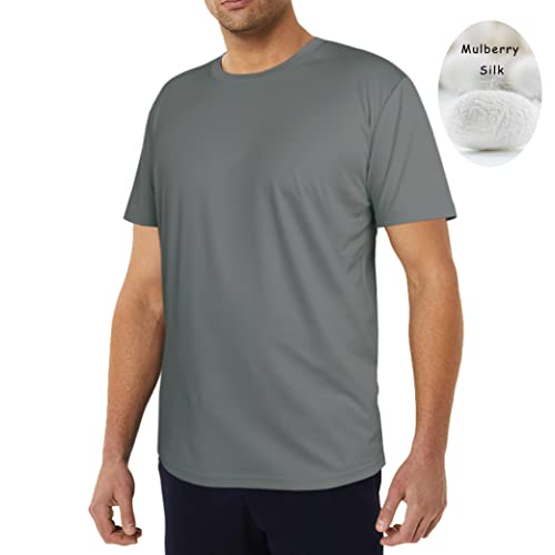 MJORI Men's Silk Cotton Knitted T-Shirt Short Sleeve Solid Tee(Grey,Update M)