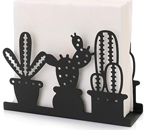 Paper Napkin Holder Stand for Kitchen Tables and Counter Tops | Black Galvanized Napkin Caddy | Vintage Farmhouse Decorations (Southwest Desert Cactus)