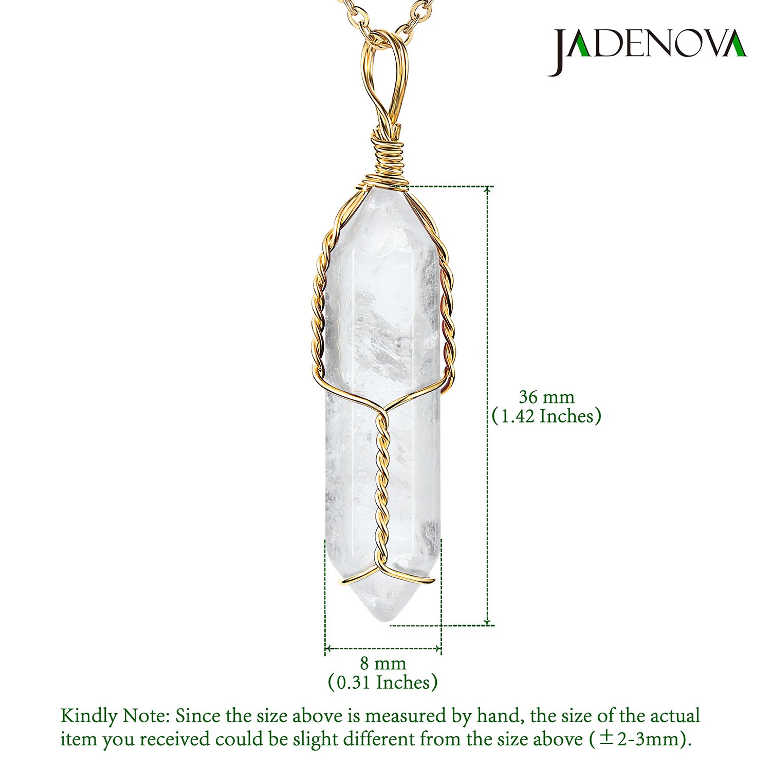 JADENOVA Full Wire Wrapped Energy Healing Crystal Gemstone Pendant Necklace 18 Inches Stainless Steel Chain(Natural Clear White Quartz)