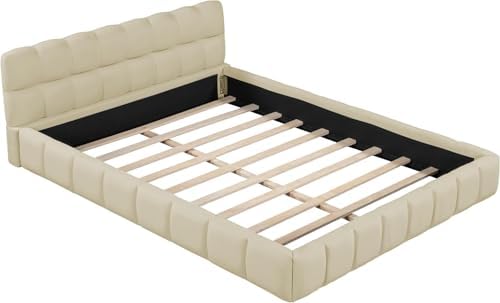 UOCFYK Upholstered Full Platform Bed with Headboards, Solid Wooden Bedframe with Wood Slat Support for Boys, Girls, Adult, No Box Spring Needed, Beige