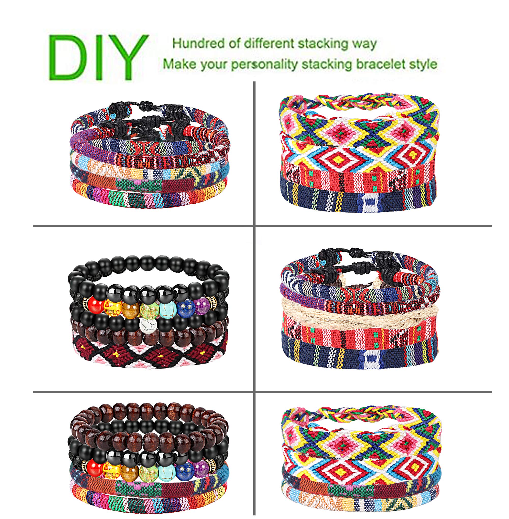 Jstyle 15Pcs Ethnic Tribal Bead Bracelet for Men Women Boho Hemp Cords Wood String Bracelet Woven Strand Bracelet