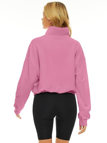 Trendy Queen Half Zip Pullover Womens Sweatshirts Cropped Hoodies Quarter Zip Long Sleeve Fall Outfits Fashion Clothes 2023 Pink