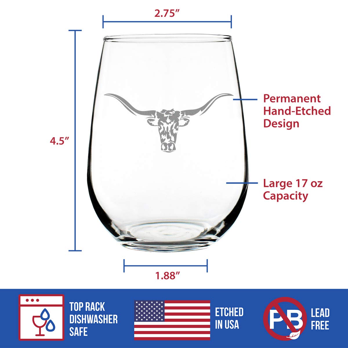 Longhorn - Stemless Wine Glass - Western Themed Farm Decor and Gifts for Texan Ranchers - Large 17 Ounce