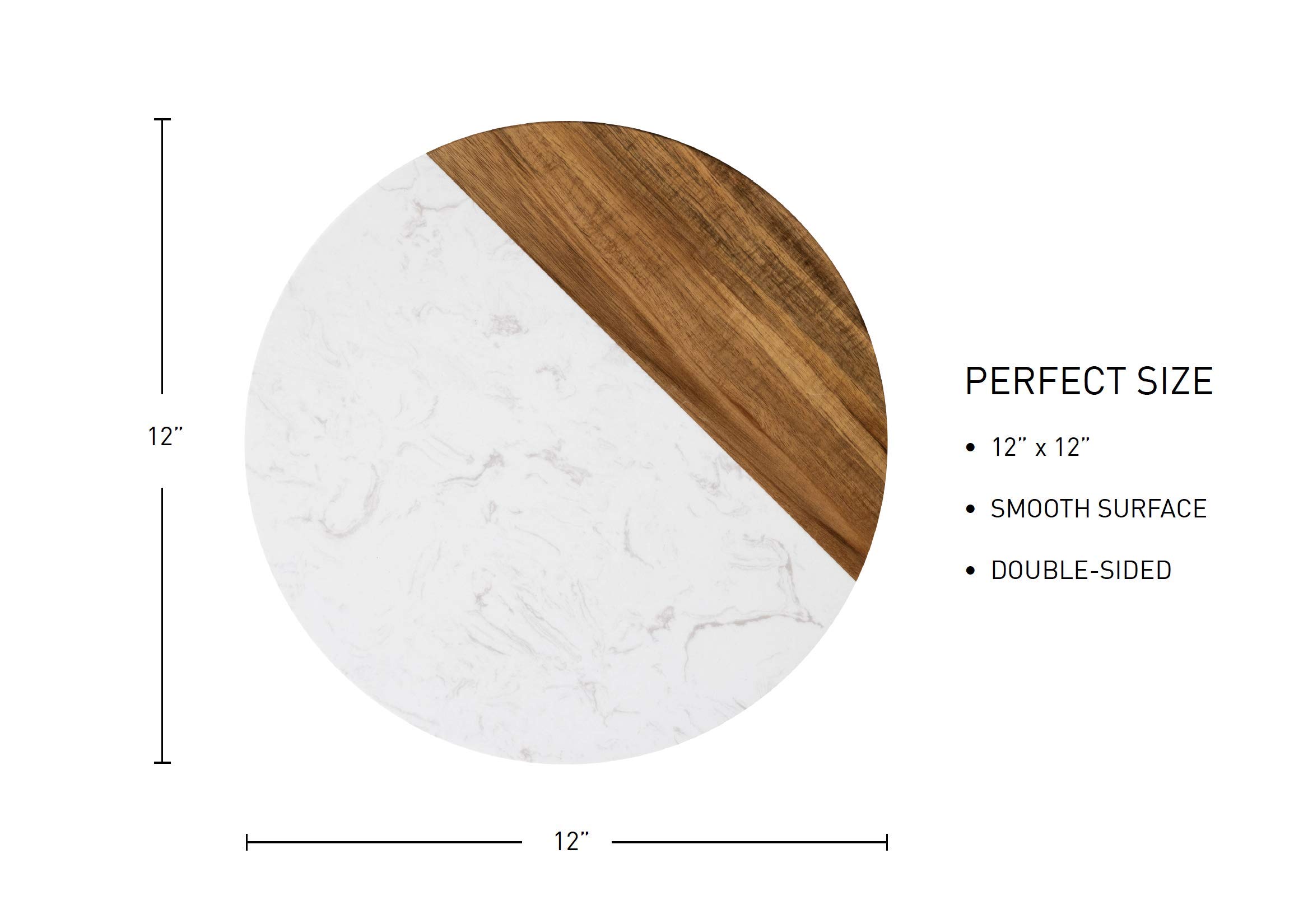KŌRE LIVING White Marble and Acacia Wood Cheese Board - 12" Serving Platter for Charcuterie - Marble Pastry Board - Round Cutting Board - Cheese Tray