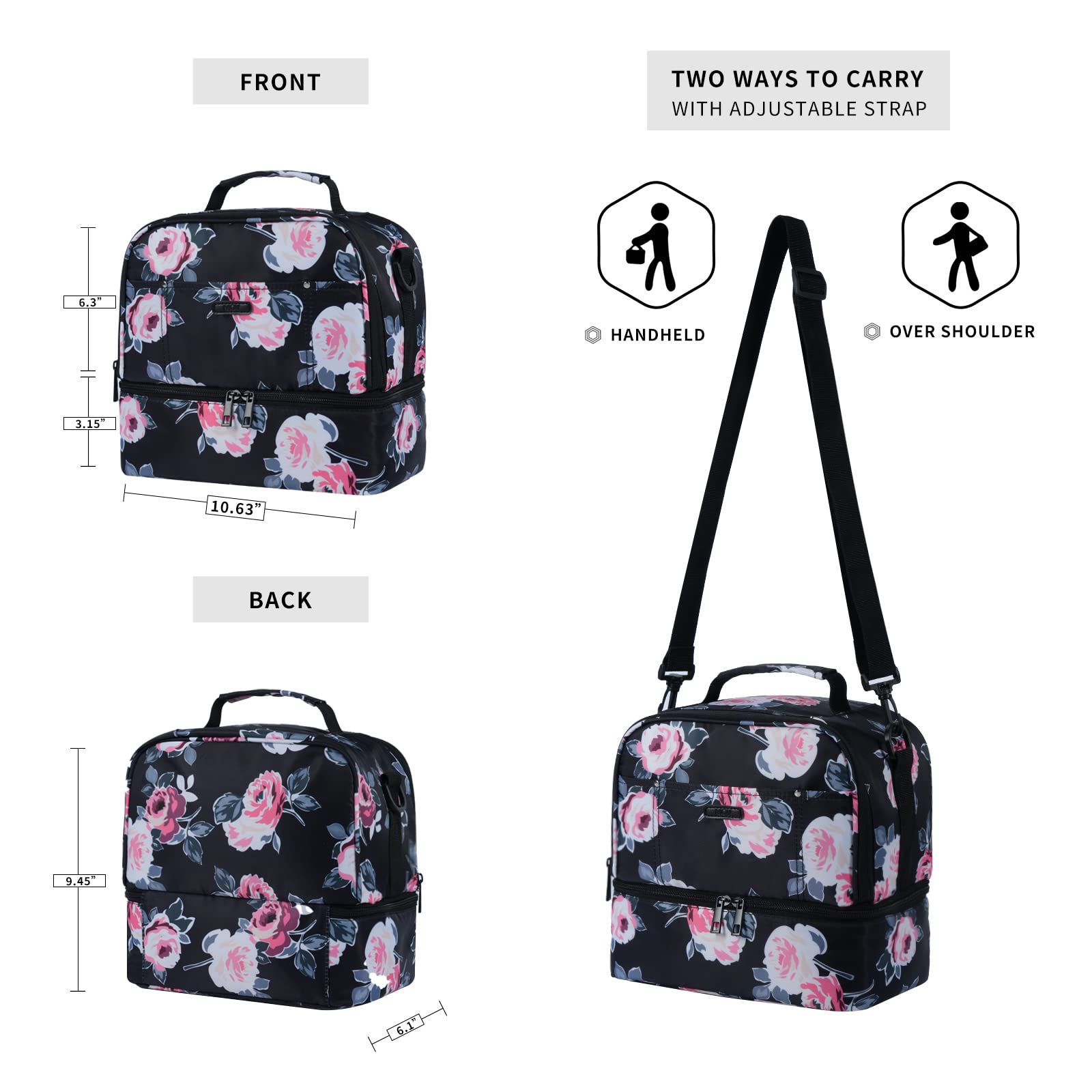 MOV COMPRA Movcompra Lunch Bag Women Flower Insulated Lunch Box for Work Double Deck Lunch Bag for Women