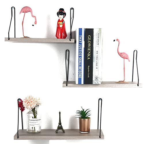 YOYAI Set of 3 Rustic Wood Wall Shelf Wall Mounted Floating Wooden Shelves Wall Decor Organizer Living Room Bedroom Kitchen(Gray)