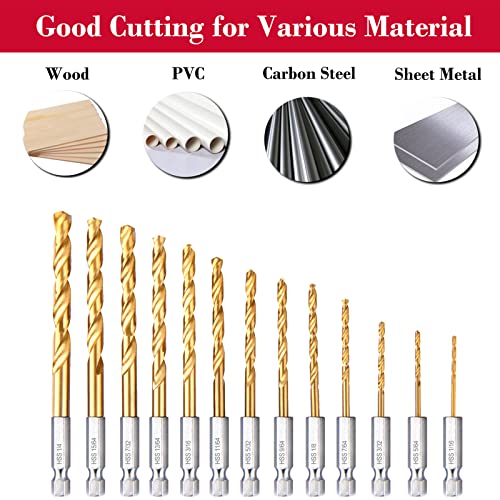 SATTDMAIC Hex Shank Drill Bit Set, 13+1pcs HSS Impact Drill Bit Set with Titanium Finish, 1/16”-1/4” for Wood, Plastic, Aluminum Alloy, Metal, Impact Driver Drill with Quick Change Adaptor