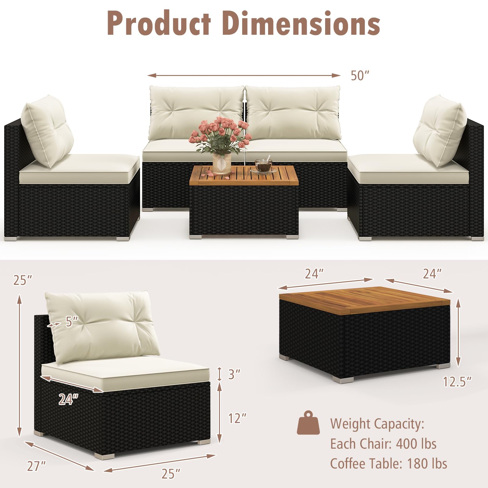 Tangkula 5 Piece Rattan Sofa Set, Patiojoy Outdoor Wicker Furniture Set with Seat & Back Cushions, Square Coffee Table, Patio Sectional Sofa Set for Backyard, Poolside, Garden