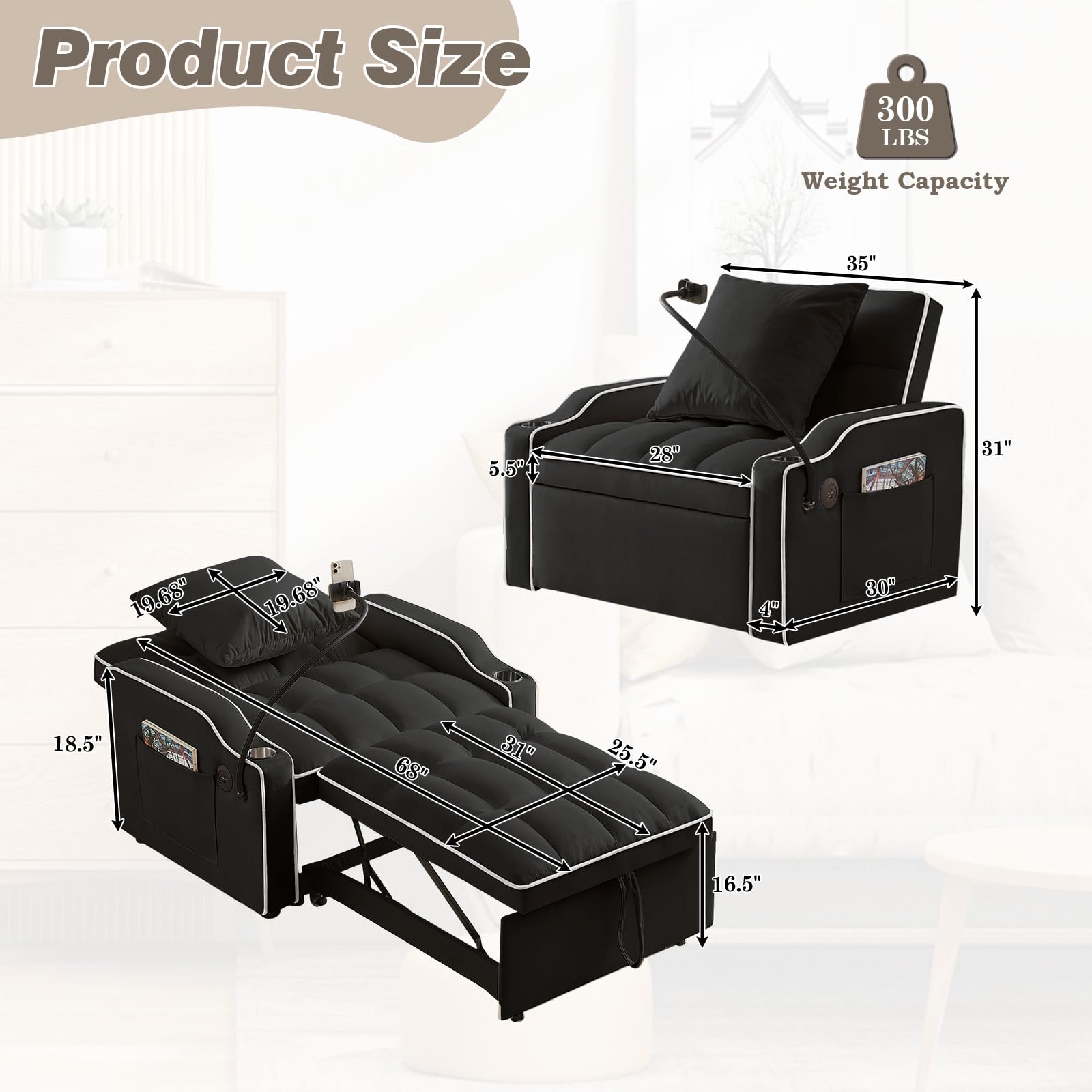 Sleeper Chair Bed,3 in 1 Velvet Convertible Single Pull Out Couch Bed with Phone Holder&USB/Type C Ports,Adjustable Backrest Chaise Lounge Armchair Sofa Bed for Living Room,Office,Small Places(Black)