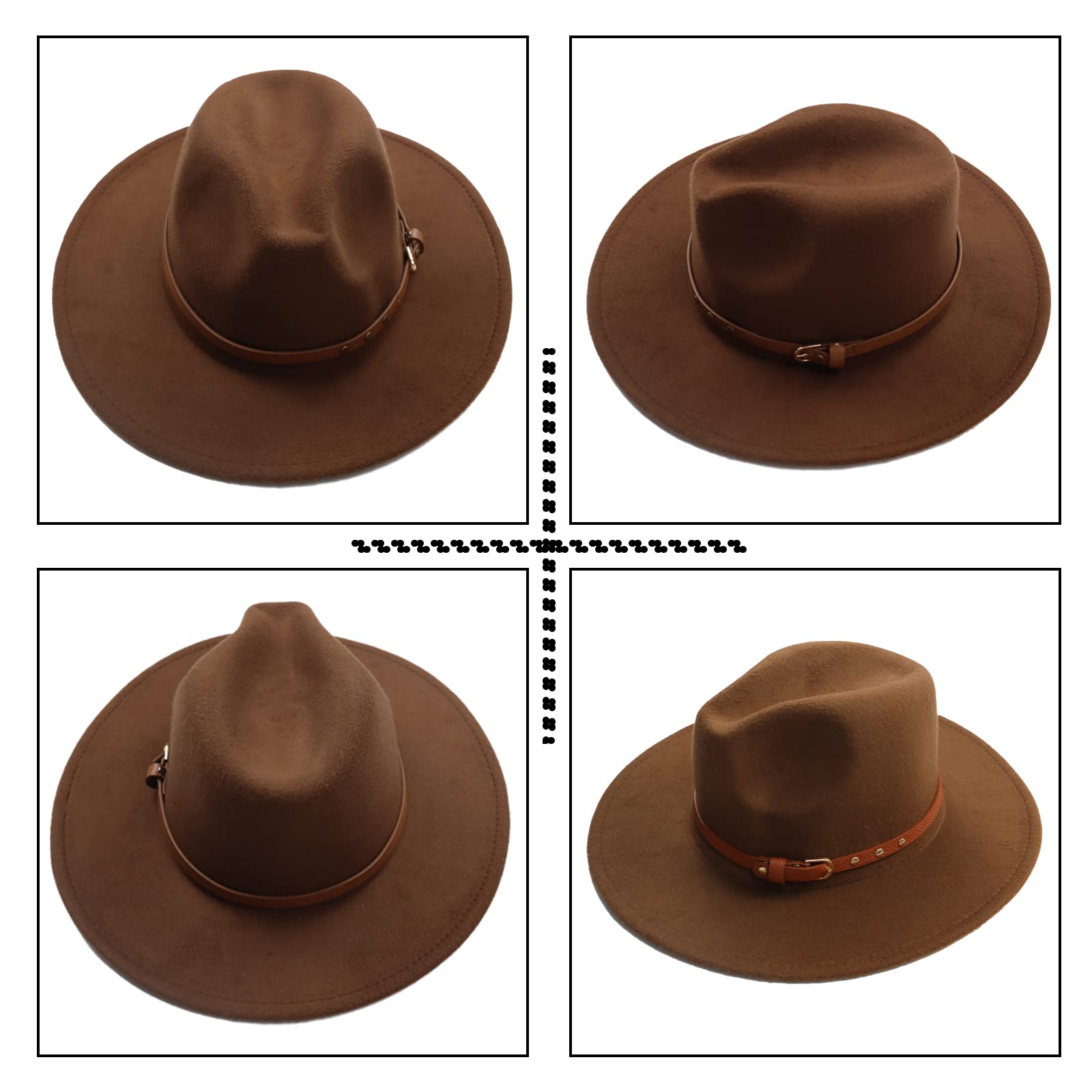 Koreshion Women Classic Fedora Hat Wool Wide Brim Felt Hats Jazz Cap with Belt Buckle Panama Hat Coffee