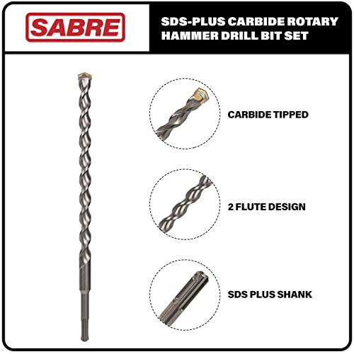 Sabre Tools 4-Piece 12in SDS Plus Drill Bit Set, Carbide Tipped, Rotary Hammer Drill Bits for Brick, Stone, Concrete (1/4" x 12", 5/16" x 12", 3/8" x 12", 1/2" x 12")