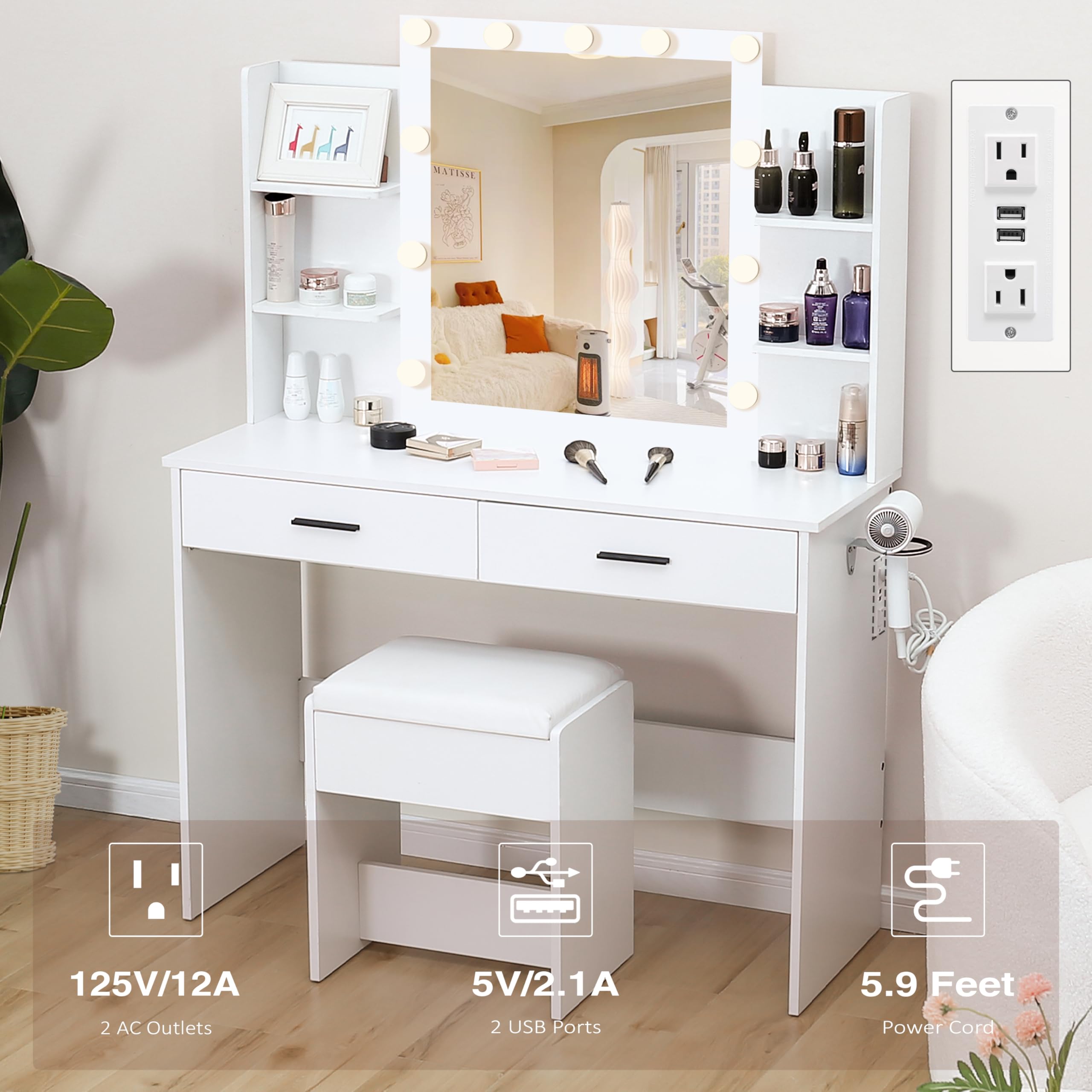 YIKEHOME Makeup Vanity Desk with Mirror and Lights, Makeup Table with 2 Large Drawers, 3 Color Modes Adjustable Bulb, Power Outlet and Round Holder, Dressing Table for Women Girls Bedroom