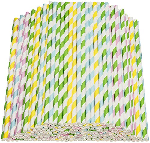 Paper Straws Biodegradable 200 Pack Striped Multi Colored BPA-Free Disposable 8.25" Long Non-Flexible Straw for Everyday/Birthday Party/Easter/Baby Shower/Wedding - By DuraHome