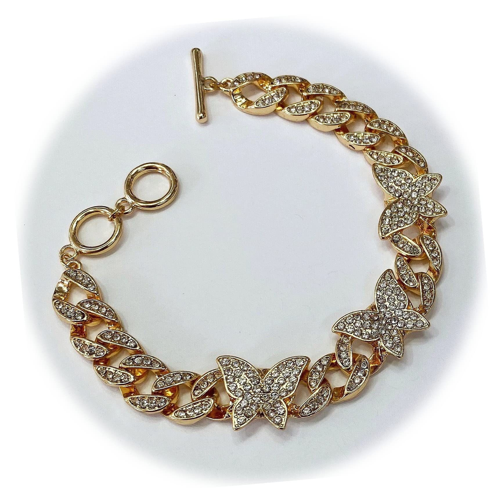 New Clear Rhinestones Butterfly Design Gold Color Cuban Link Chain Bangle Bracelet Pendant Charm for Women TR-4947LP