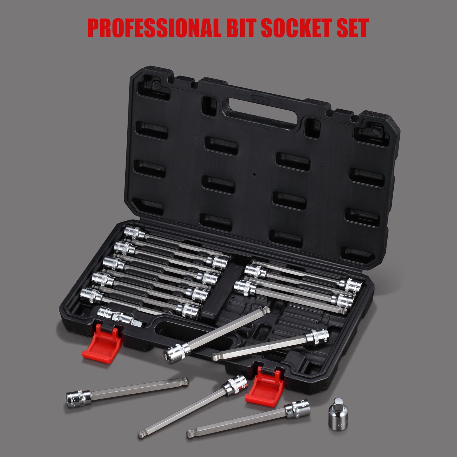 RIMKOLO 3/8 Inch Drive Long Ball End Hex Bit Socket Set,20-Piece SAE & Metric Allen Socket Set 3mm to 10mm & 1/8-3/8 Inch S2 Steel Bits