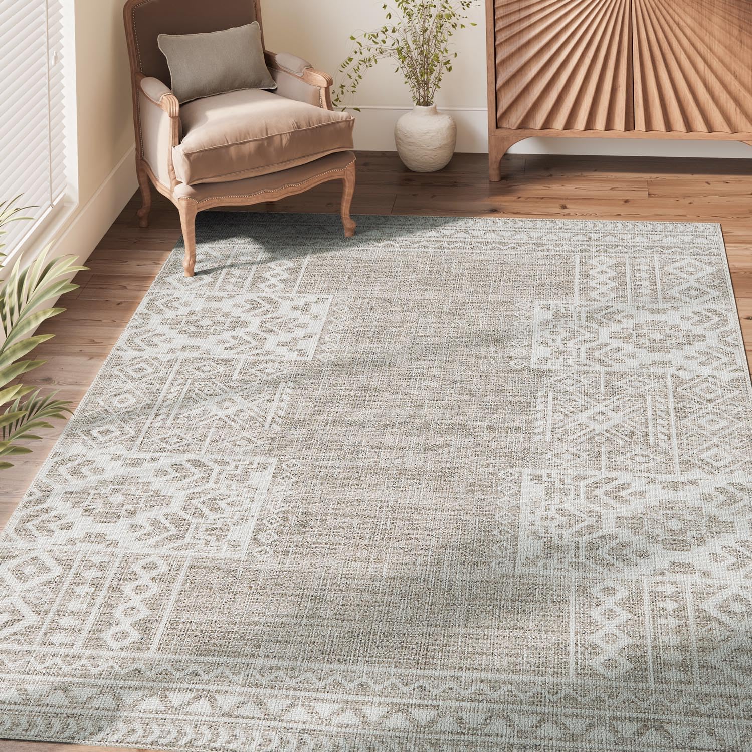 jinchan Area Rug - 4x6 Ultra-Thin Washable Rug, Vintage Living Room Rug, Boho Rug Geometric, Non-Slip Non-Shedding Carpet for Kitchen Bedroom(4x6ft, Brown Ivory)