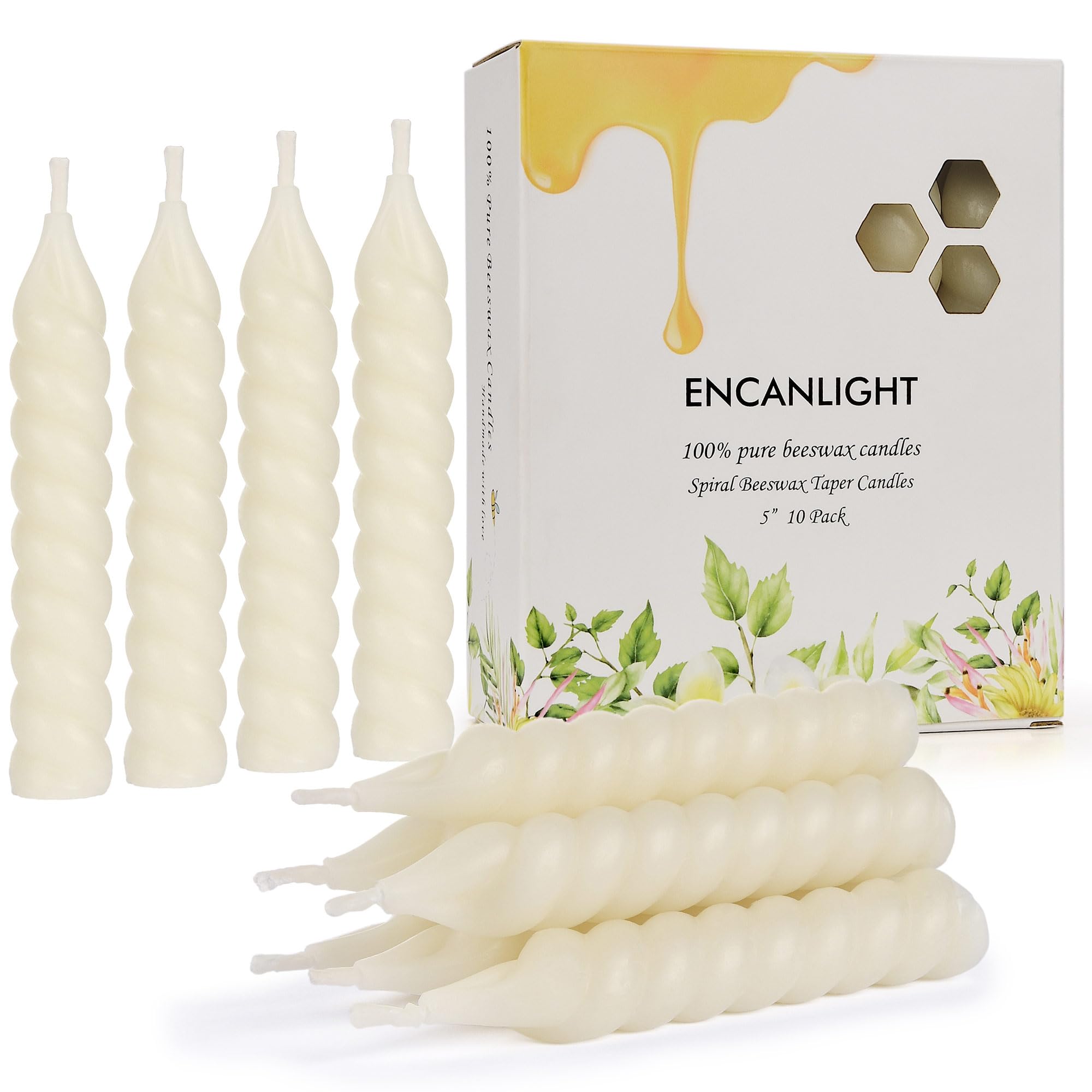 White Beeswax Taper Candles, 5 Inch Spiral Tapered Candles 10 Pack, Natural Bees Wax Candle Sticks - Smokeless Dripless and Unscented for Home Decoration, Wedding, Party
