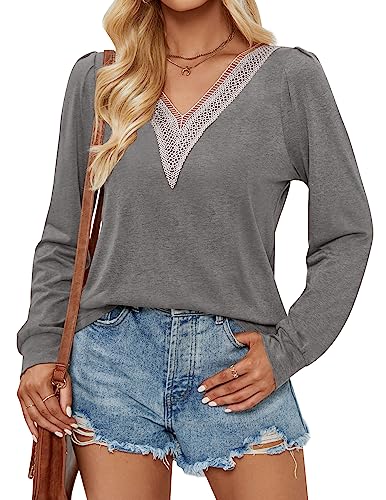 ZESICA Women's 2023 Casual Long Sleeve T Shirts Lace V Neck Trendy Basic Tops Summer Fall Tee Blouse,Grey,Large