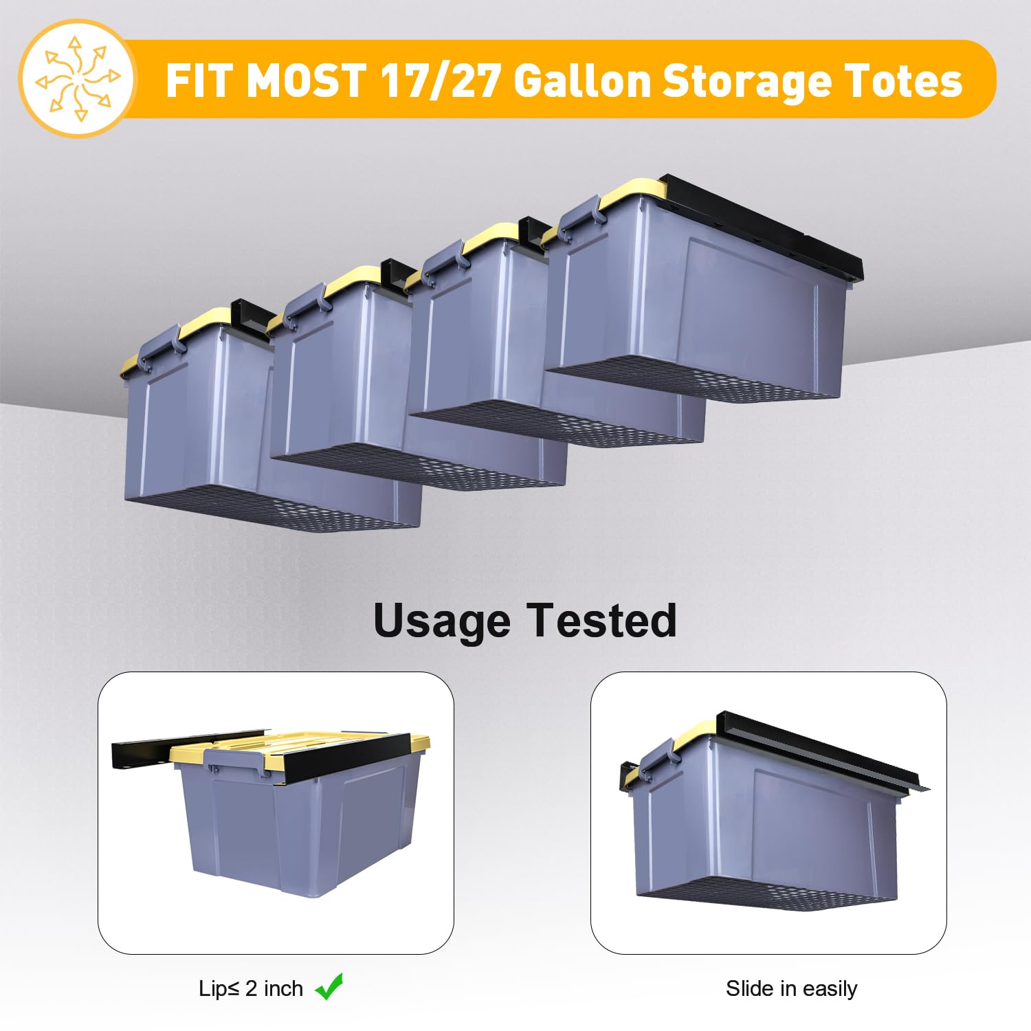TOPOWN Garage Ceiling Bin Storage Rack, Overhead Tote Storage Rail System Heavy Duty Garage Ceiling Bin Storage Rack, Overhead Tote Storage Rail System, Tote Slide Garage Storage System(for 4 bins)