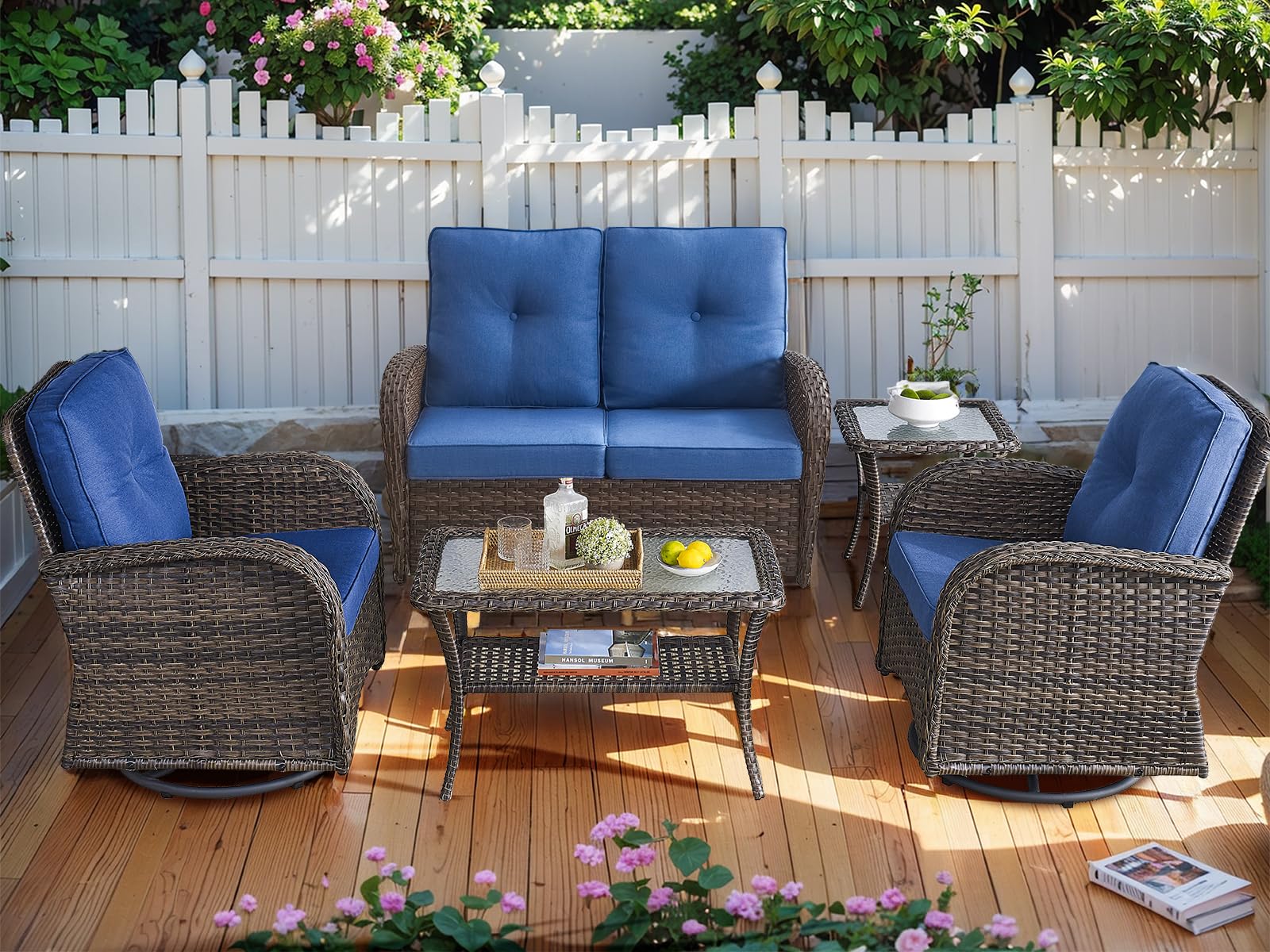 HUMMUH 5-Piece Patio Furniture Wicker Outdoor Conversation Set,All-Weather Rattan Swivel Chairs Bistro Set with Loveseat Coffee Table for Backyard,Poolside,Deck(Brown/Blue)
