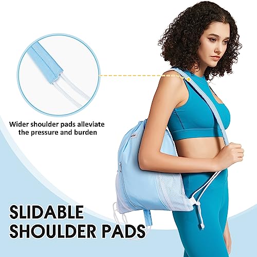 WANDF Drawstring Backpack with Shoulder Pad Sports Gym Backpack with Mesh Pocket String Bag for Women Men(Blue)