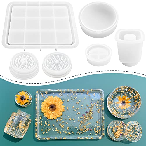 YIGWANG Rectangle Resin Tray Molds with Edges for Resin Casting, Jar Mold with Lid and Grinder Mold, Large Silicone Rolling Tray Molds DIY Jewelry Holder,Home Decoration