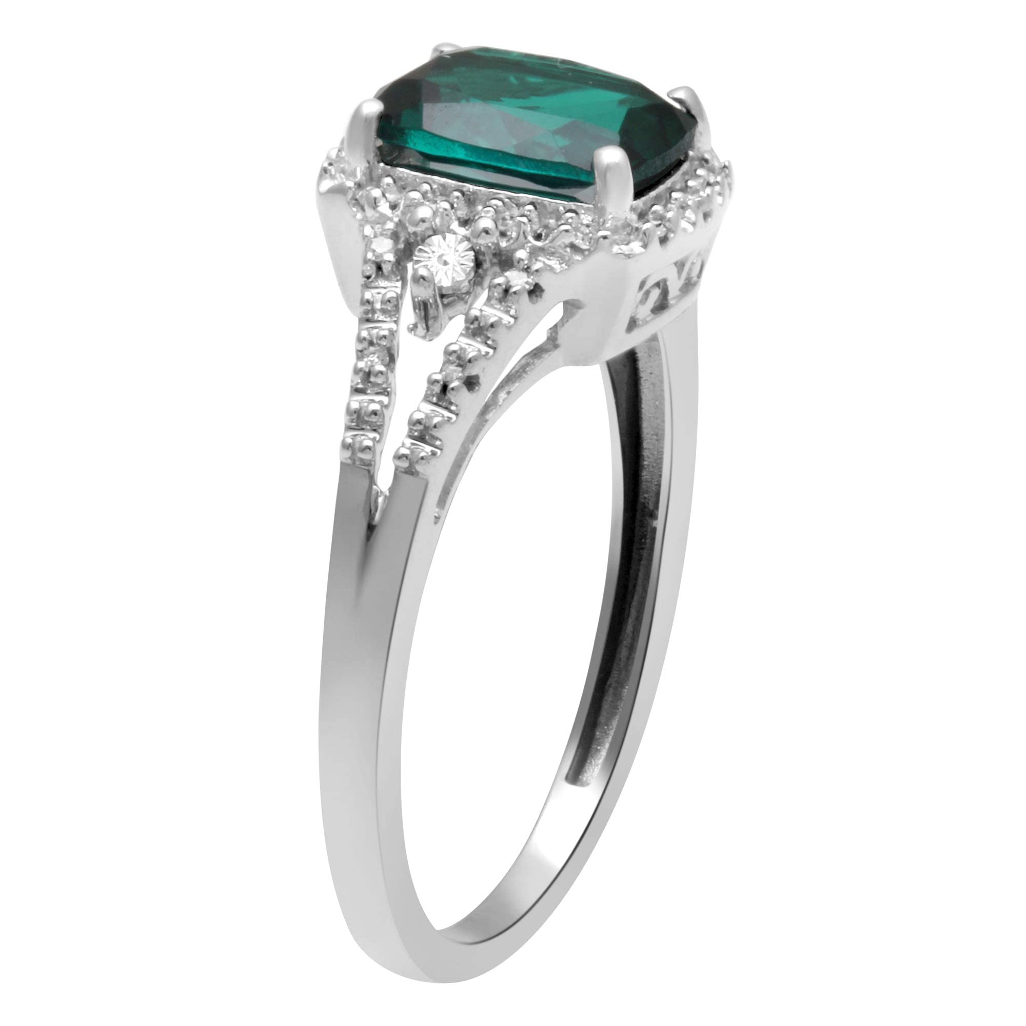 Jewelili 10K White Gold 8x6 MM Cushion Shape Simulated Emerald with Natural White Round Diamond Accent Ring, Size 7