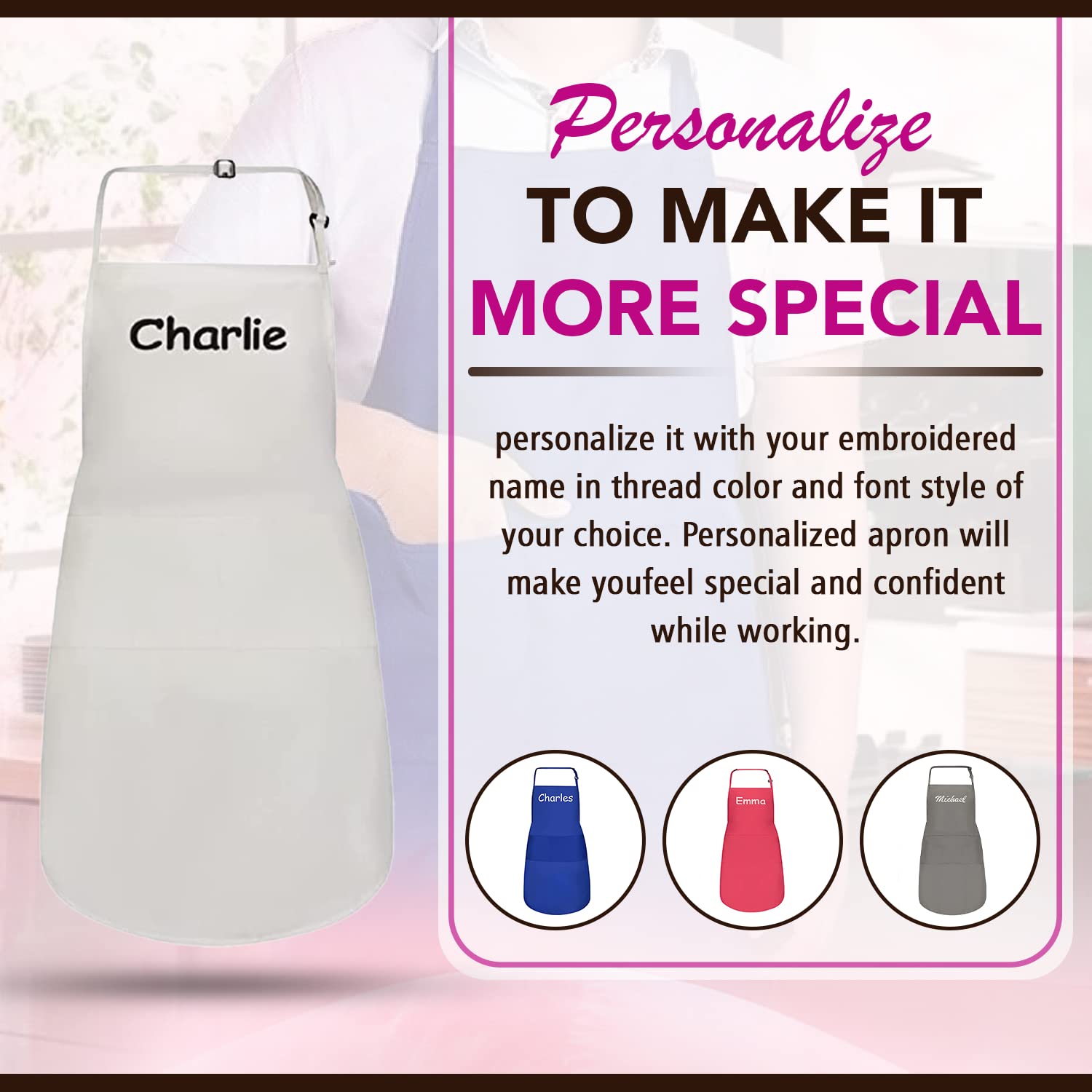 Personalized Aprons for Men and Women - Custom Apron with Embroidered Name - Unisex White Apron with Pockets for Kitchen Cooking Baking Restaurant BBQ Painting Crafting