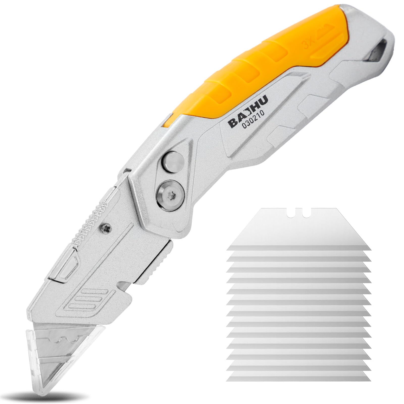 YINLONGDAO Folding Utility Knife, SK5 Heavy Duty Carbon Steel Retractable Blade, Box Cutter of Quick Blade Change, Blade Storage Design, Extra 10 Blades Included(Total 13 Blades)