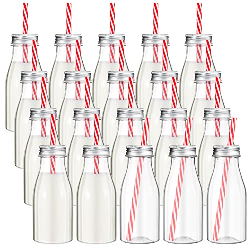 Yinkin Set of 20 Plastic Milk Bottles with Straws & Silver Metal Lids Clear Plastic Bottle for Dairy Milk, Party Bottle for Milk Juices Shakes Smoothies Cocktails, 20 Bottles and 20 Straws (8 oz)