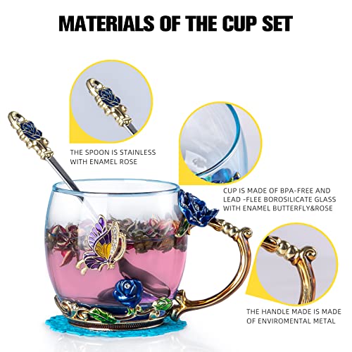 SHEEYEE Glass Coffee Mugs with Spoon, Enamel Butterfly Rose Flower Tea Cups with Decorative Handle Tea Sets for Women Gift 11 oz.(2 Sets)