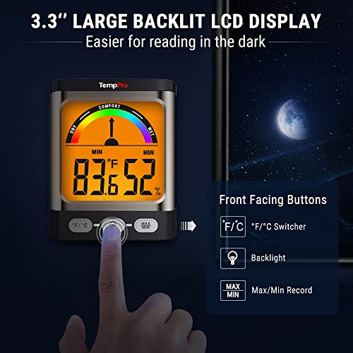 TempPro A52 Hygrometer Indoor Thermometer for Home with Comfort Level Indication Humidity Meter, Large Backlit Display Humidity Sensor with Max/Min Record for Greenhouse Basement Black