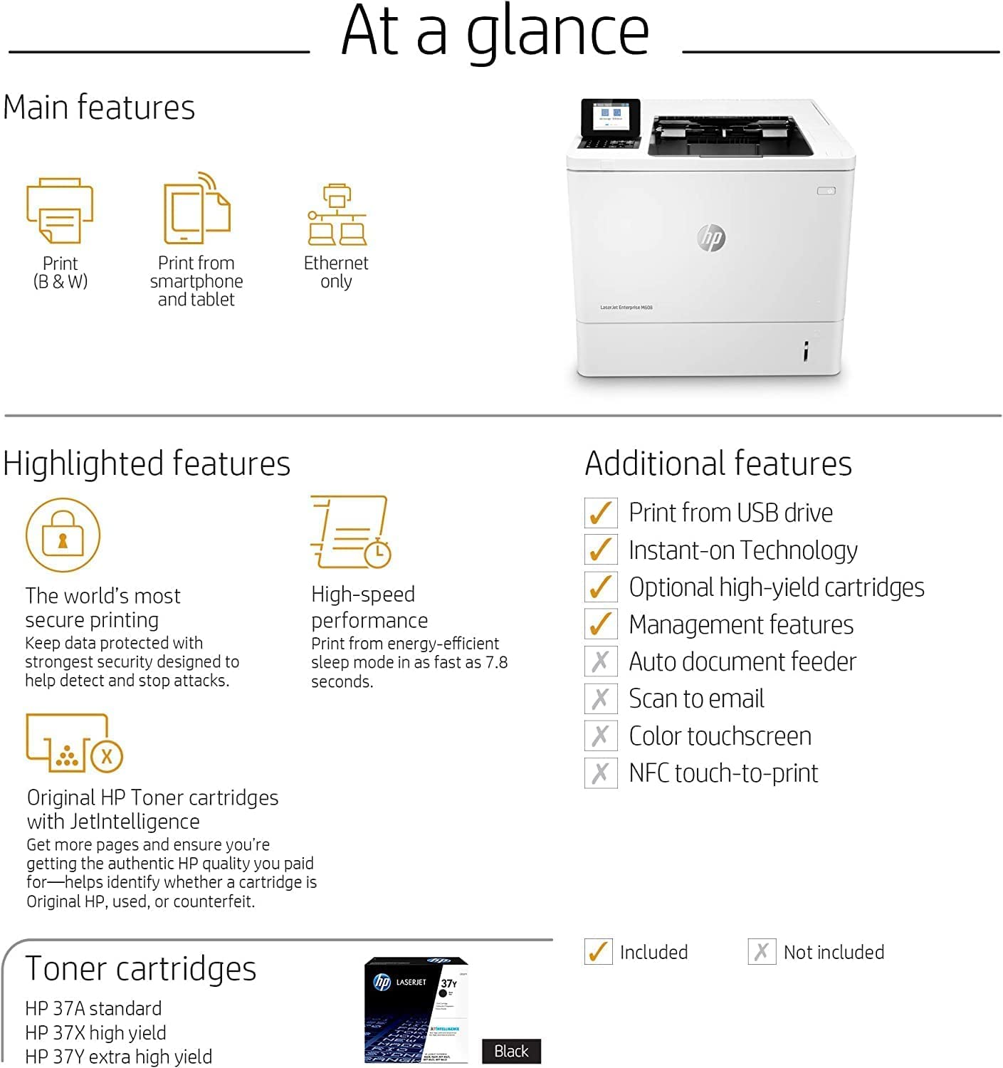 HP Laserjet Enterprise M608n Single-Function Wired Monochrome Laser Printer, Print only - 65 ppm, USB and Ethernet Connectivity, 1200 x 1200 dpi, 512GB Memory, Manual Duplex Printing, White