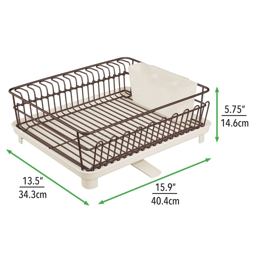 mDesign Metal Wire Kitchen Countertop, Sink Dish Drying Rack - Removable Plastic Cutlery Tray, Drainboard with Adjustable Swivel Spout - 3 Pieces - Bronze/Cream