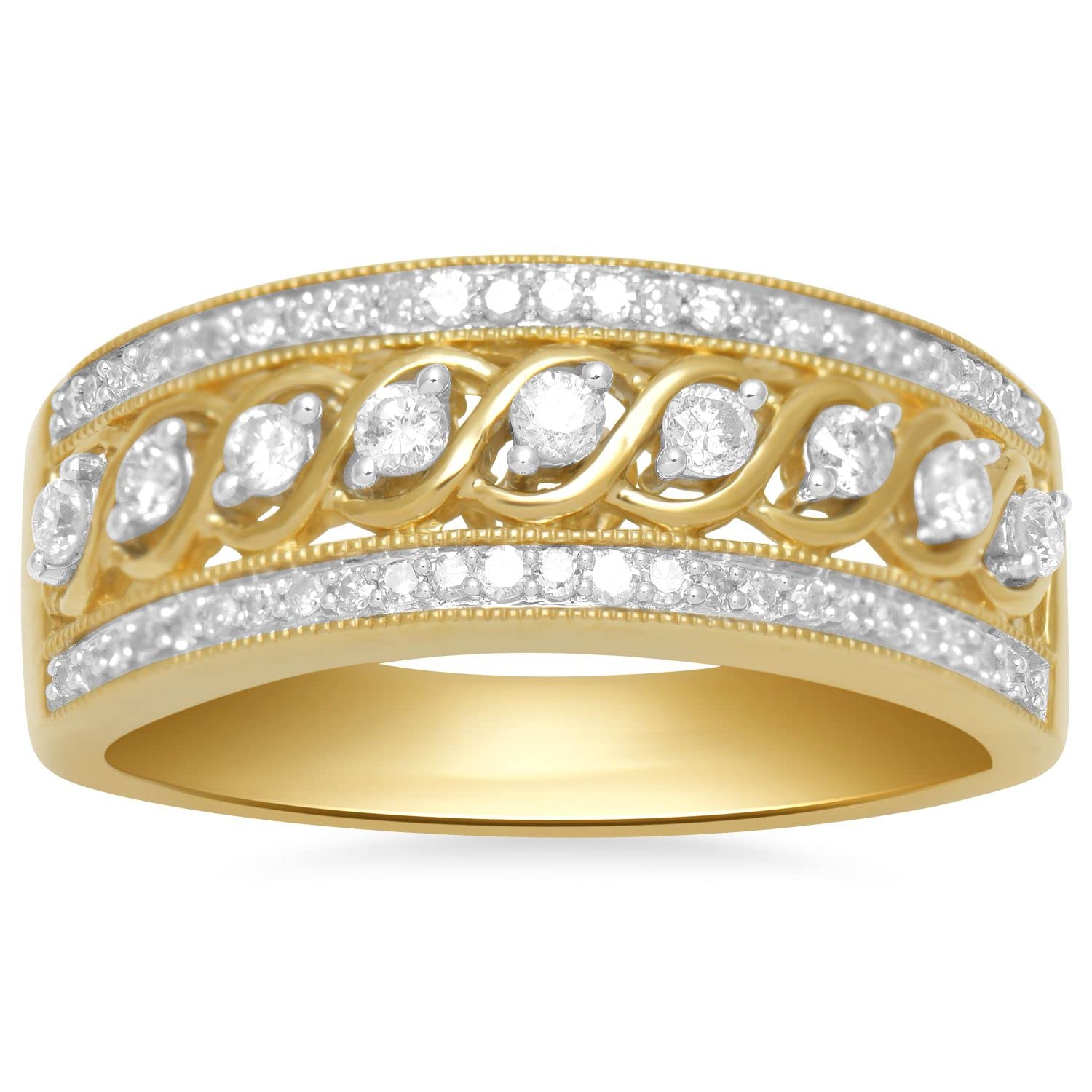 Jewelili 10K Yellow Gold 1/2 Cttw Natural White Round Diamonds Band Ring, Size 7