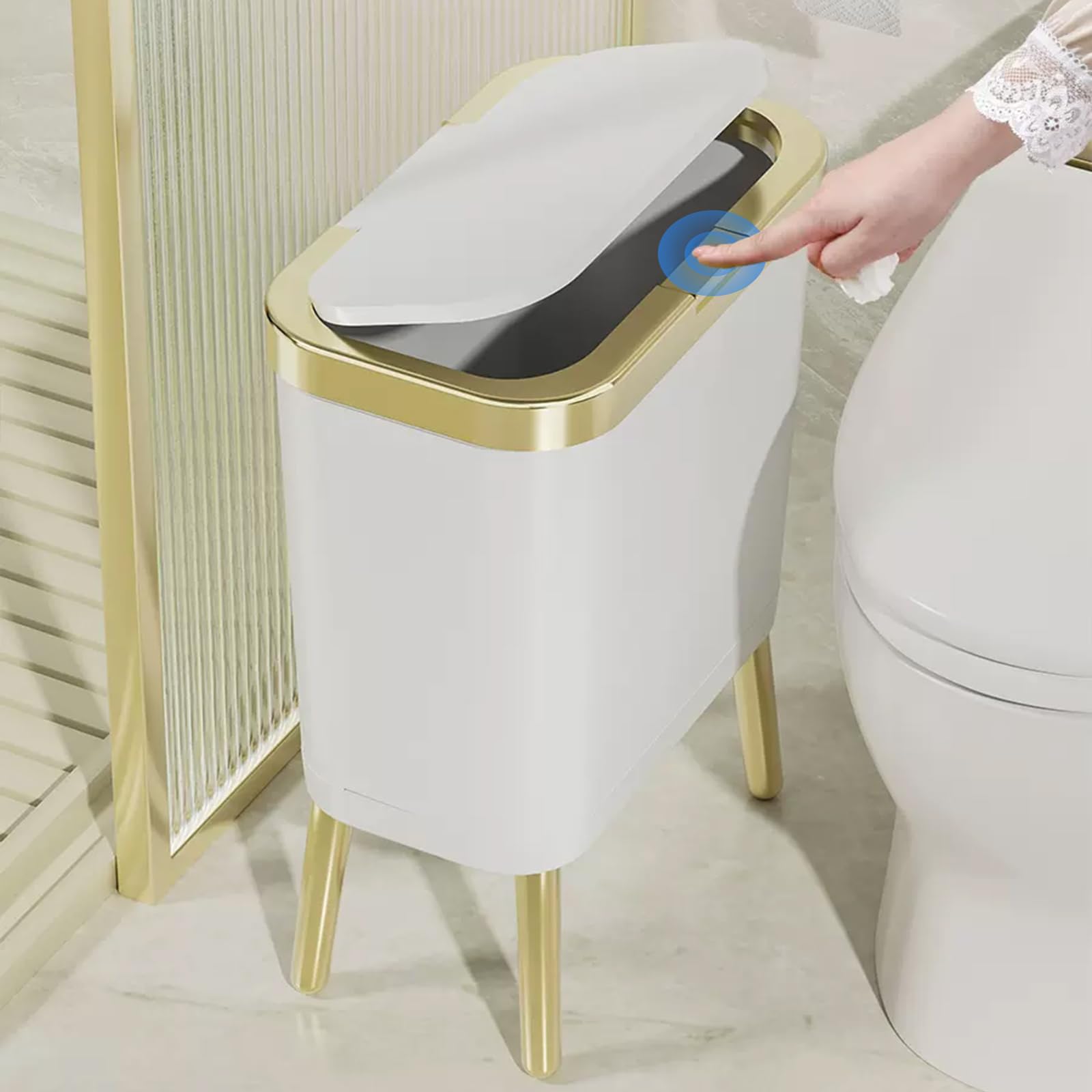 URALFA 4 Gallon Bathroom Trash Can with Lid, Slim Garbage Can with High Foot, Dog Proof Trash Bin with Press-TOP, Modern White and Gold Trash Can for Bedroom, Kitchen, Living Room, Toilet (White)