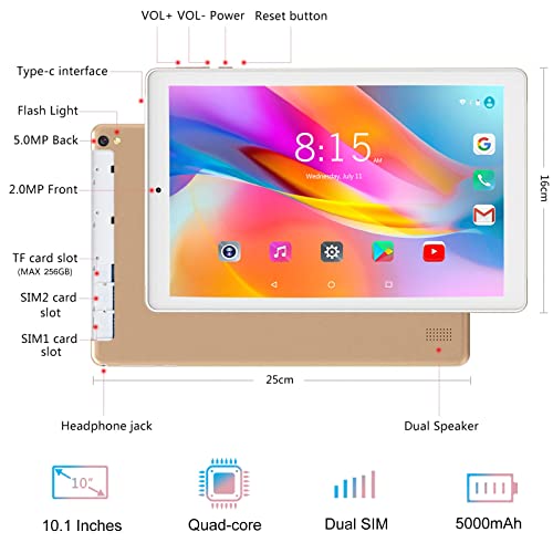 POWMUS 10 Inch Tablet Android 10 Phone Tablet, Tablet with Dual SIM, 32GB Quad Core, IPS Touchscreen, 8MP Rear Camera WiFi GPS Bluetooth USB C, Support 3G Phone Call, Include Tablet Leather Case
