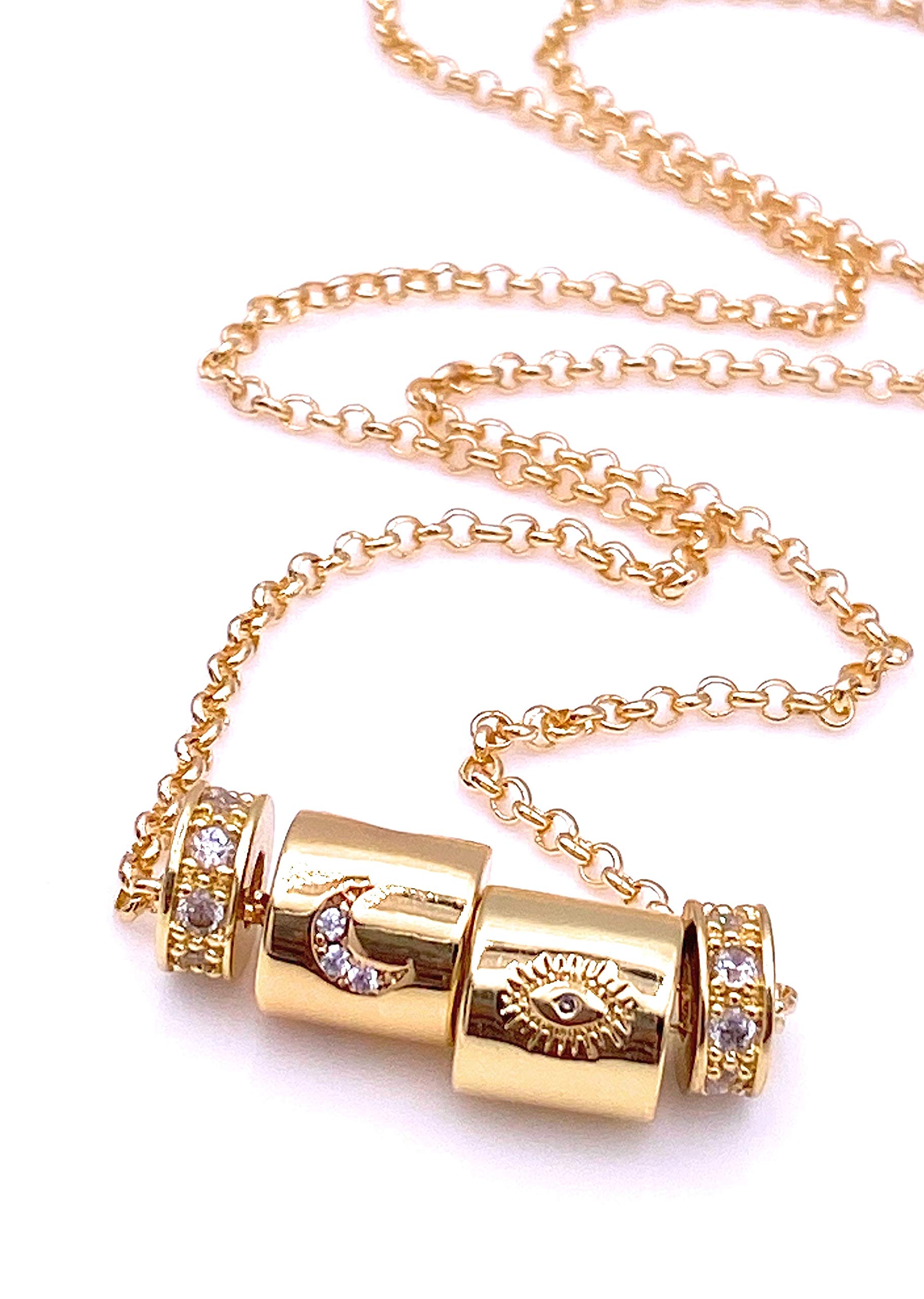 LESLIE BOULES Gold Evil Eye & Half Moon Necklace for Women Charm 18K Plated Chain