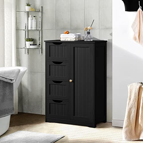 Yaheetech Wooden Bathroom Floor/ Side Storage Organizer Cabinet with 4 Drawers and 1 Cupboard, Freestanding Entryway Storage Unit Console Table for Home Decor