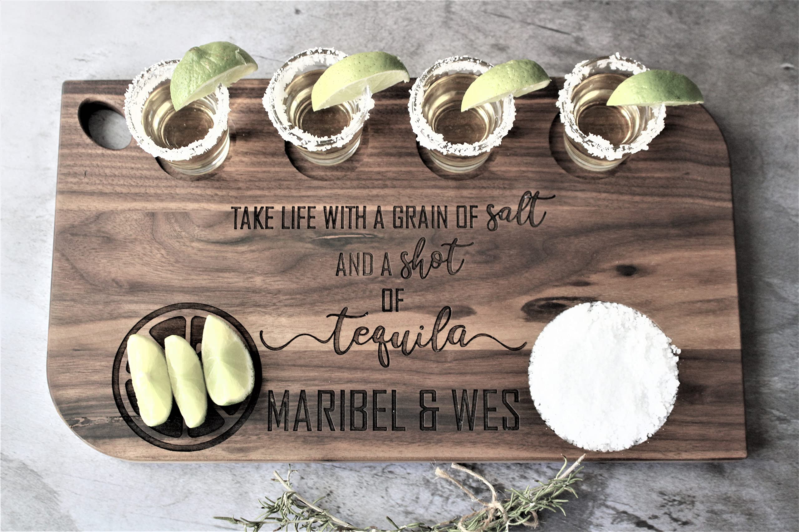 Personalized Tequila Wood Flight Cutting Charcuterie Board for Birthday Fathers Day Mothers Day Wedding Bridal Shower Engagement Gift (Walnut)
